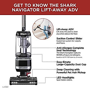 Shark LA322 Navigator Lift-Away ADV Corded Upright Vacuum with Pet Power Brush Crevice and Upholstery Tool, Black
