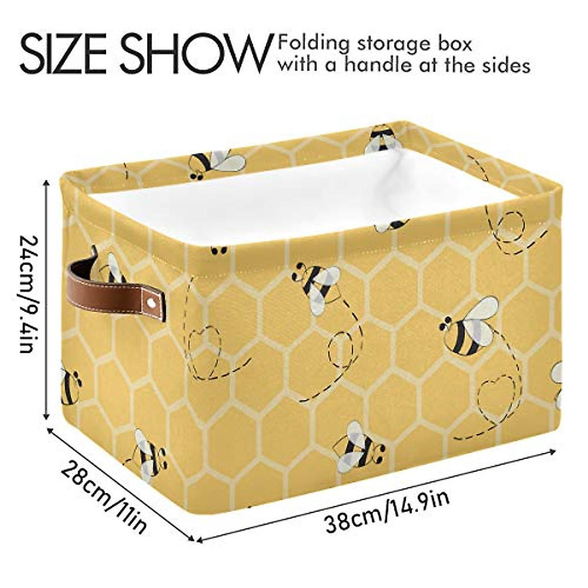 AUUXVA Collapsible Storage Bin Cube Yellow Honey Bees Pattern Laundry Basket Hamper Toy Cloth Organization Bag with Handle for Pantry Nursery Home Office Shelve,1 PC