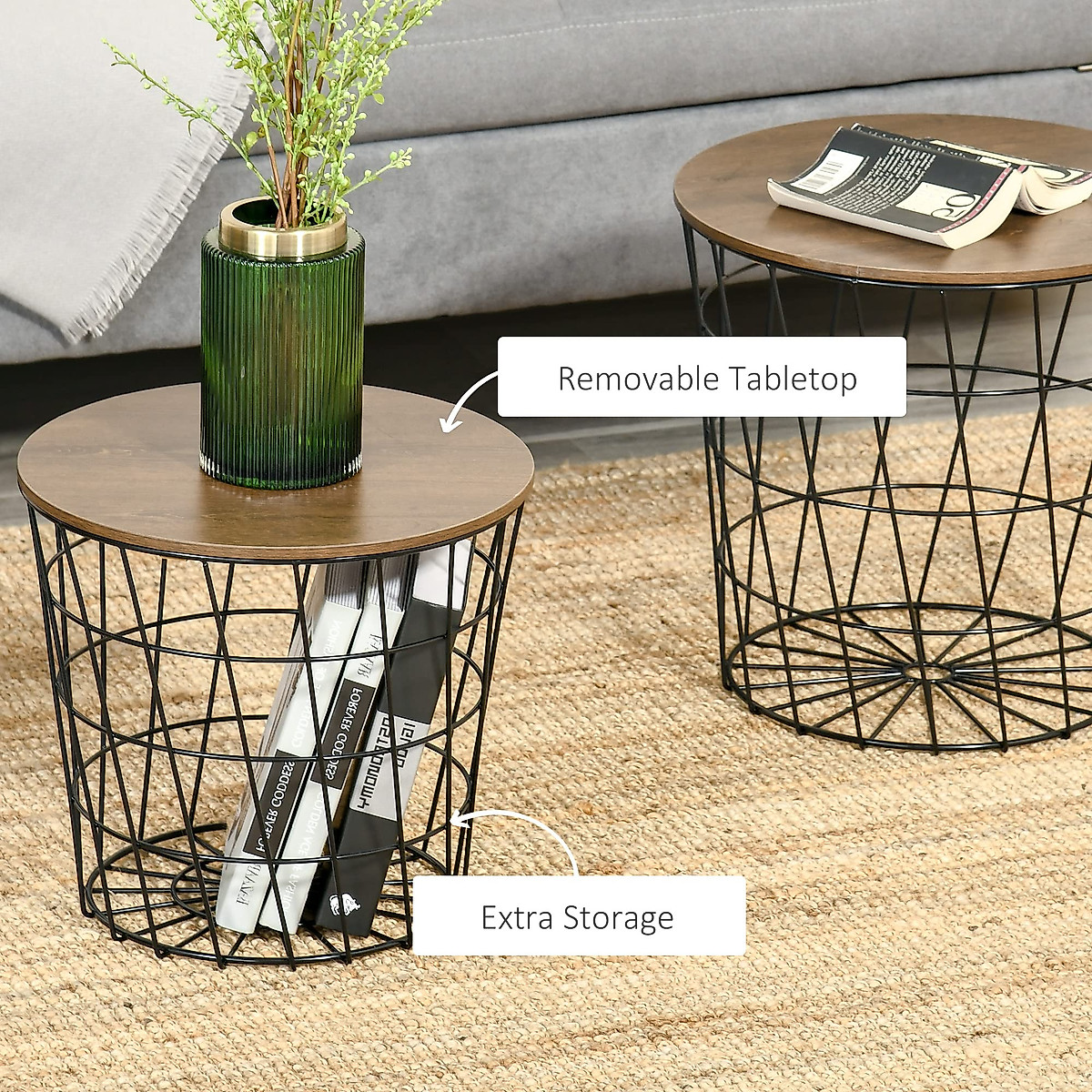 HOMCOM End Tables Set of 2, Nesting Tables with Storage, Round Accent Side Tables with Removable Top for Living Room, Black/Brown