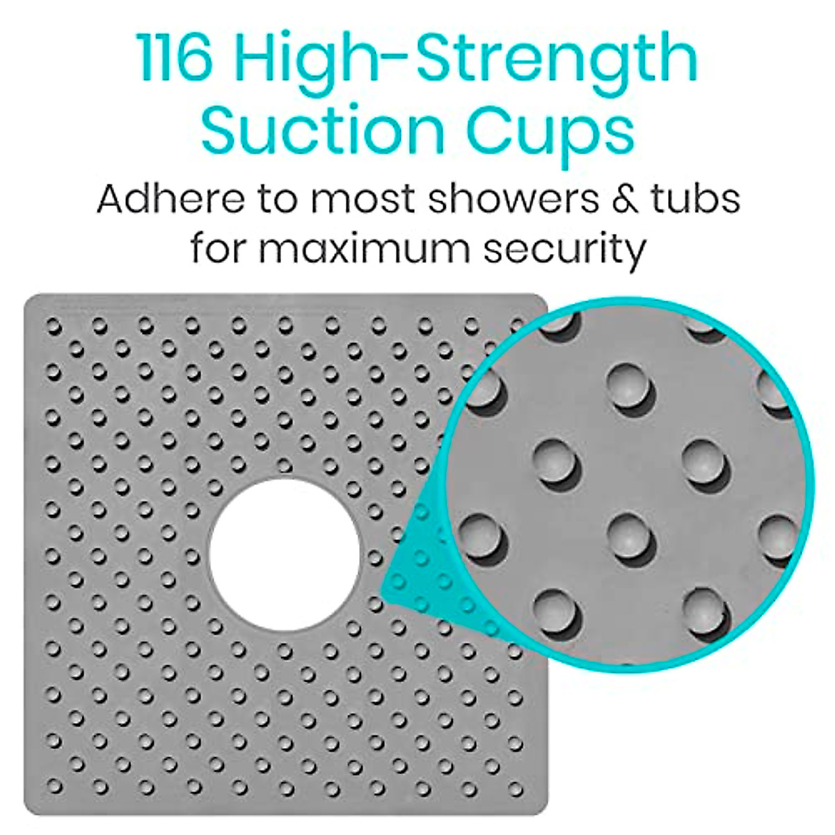 Vive Shower Mat - 22" by 22" Square Non Slip Large Bath Mat for Bathtub - Patented Design - Suction Cup Traction Skid Pad for Stalls Floors Tub - Textured Rubber with Drain Hole