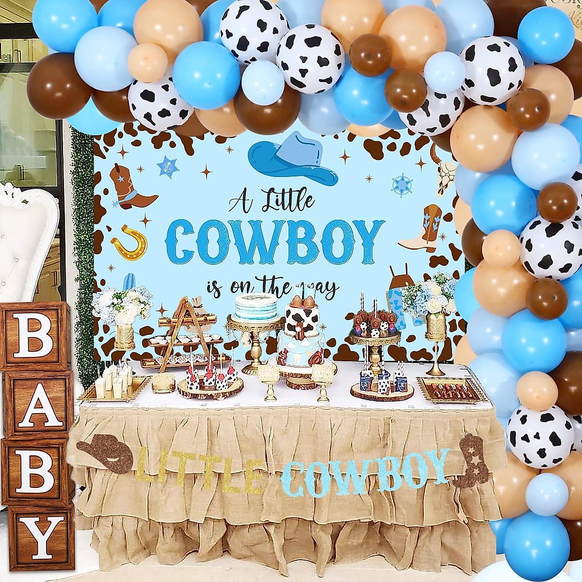 JOYMEMO Blue Brown Cowboy Baby Shower Decorations for Boy, Western Cowboy Balloon Garland Kit with A Little Cowboy is On The Way Backdrop, Wood Baby Shower Boxes, Wild West Baby Shower Supplies