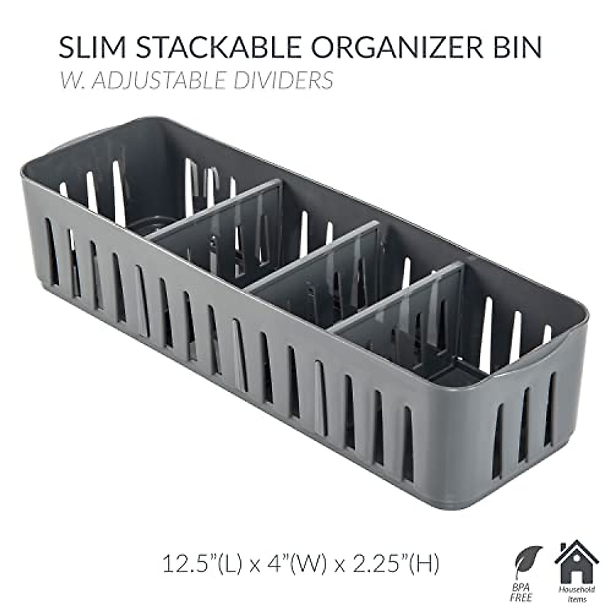 Simplify 2 Pack 4 Compartment Stackable Bin with Adjustable Dividers | Drawer Organizer | Storage Basket | Good for Office | Desk Supplies | Dorm |Bathroom | Accessories | Make Up | Grey