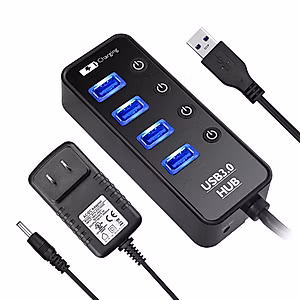 USB Hub 3.0 Powered, LYFNLOVE USB Extender 4-Port Data USB Hub with Power Adapter and 1 Smart Charging Port, USB Splitter with On/Off Switches for MacBook, Mac Pro/Mini, iMac, Surface Pro Laptop/PC