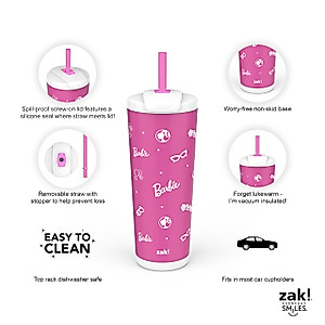 Zak Designs Barbie Beacon Straw Tumbler for Travel or At Home, 24oz Stainless Steel with Vacuum Insulation and Non-Skid Base (Barbie)