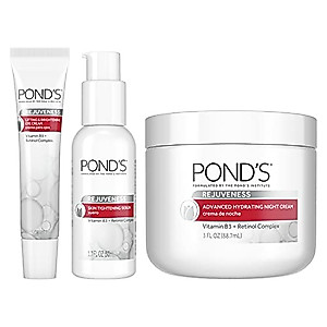 Pond's Rejuveness Wrinkle Cream Skin Care bundle includes Eye Cream, Face Serum, and Anti-Aging Night Cream Vitamin B3 and Retinol Complex 3 Count