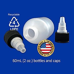 510 Central Twist Top Squeeze Bottles (2oz, 12 Pack) Boston Round with Dispensing Caps - LDPE Plastic - Made in USA