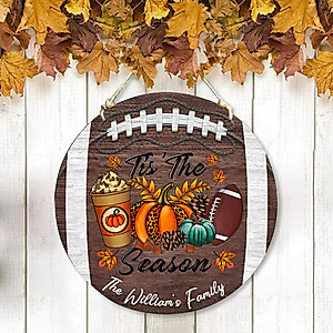 Personalized Football Door Hanger Fall Sign Custom Text Wooden Tis the season Front Door Sign Front Porch Decor Fall Welcome Sign Football Fall Hanging Decorations Autumn Thanksgiving Christmas Seasonal Decor