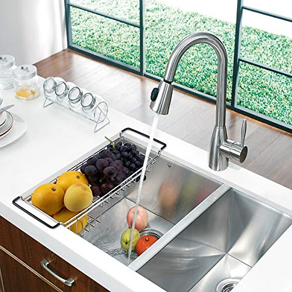 KeFanta Kitchen Sink Caddy Sponge Holder, Hanging Dish Sponge Organizer Holder, Telescopic Farmhouse Sink Accessories, Over Sink Expandable(14''-20'') Brush Soap Storage Rack - Stainless Steel