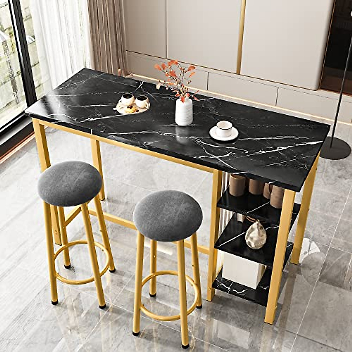 AWQM Bar Table Set with Storage Shelves, 47" Modern Black Faux Marble Breakfast Table with 2 Velvet Stools, 3-Piece Dining Set for 2, Space Saving Table for Kitchen/Dinning Room/Living Room/Studio