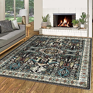 Washable Living Room Area Rug - 8x10 Large Bedroom Rug Distressed Oriental Non-Slip Non-Shedding Print Floor Carpet for Dining Room Kitchen (Black, 8 x 10)
