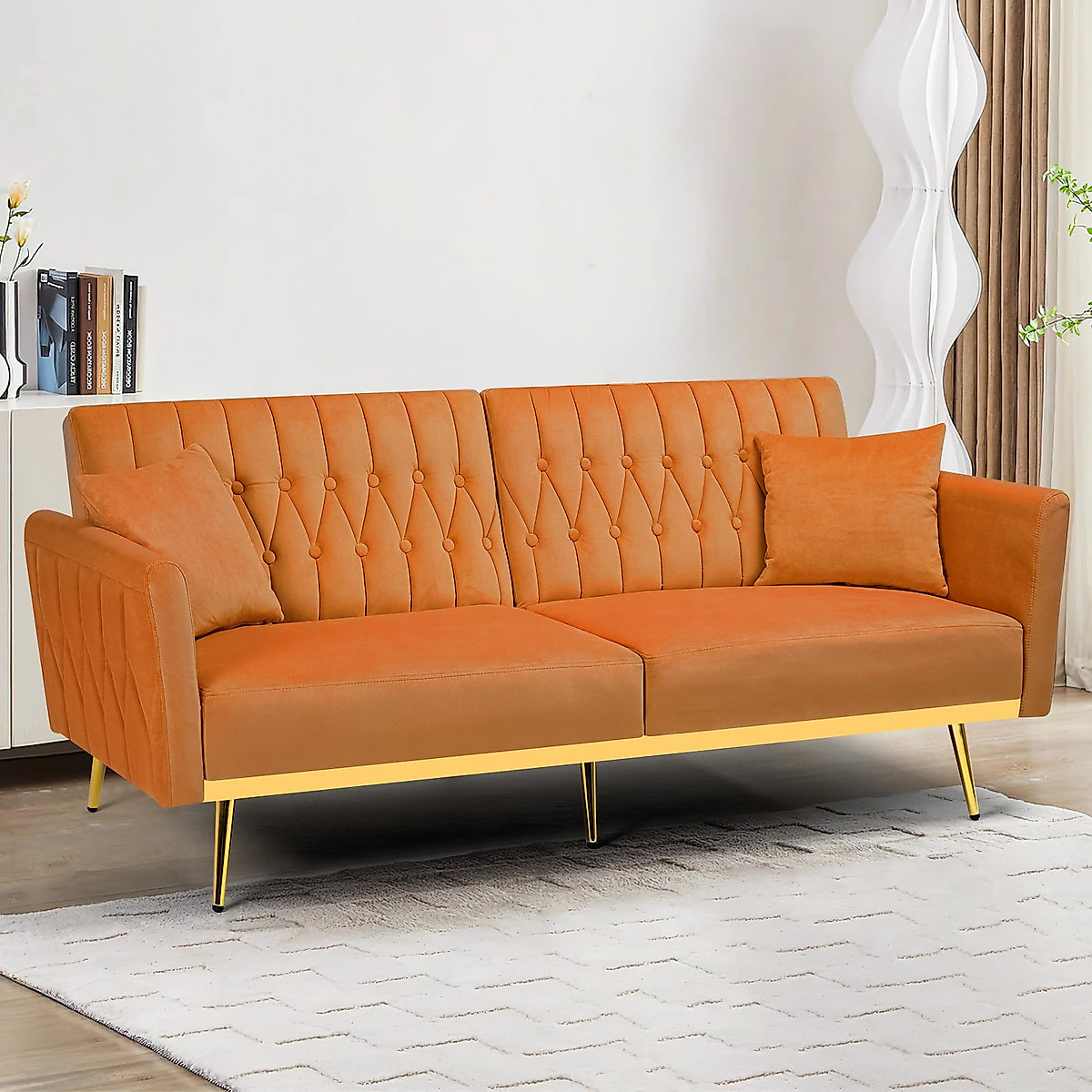 Lesofair 70” Velvet Futon with Adjustable Backrest and Armrests, Sofa Bed with with Extra Pillows for Waiting Room, Living Room and Office, Orange