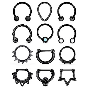Vsnnsns 16G Septum Jewelry Septum Ring Piercing Jewelry Septum Clicker Ring and Horseshoe Barbell Stainless Steel Captive Bead Ring Septum Nose Rings Hoop for Men Women Black 10mm 12pcs