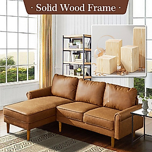 POUUIN 81" Small Sectional Sofa Couches for Living Room,Mid-Century Modern L-Shape Sofa Couch with Chaise,Faux Leather Comfy Chaise Sofa for Office Apartment Small Space,Brown