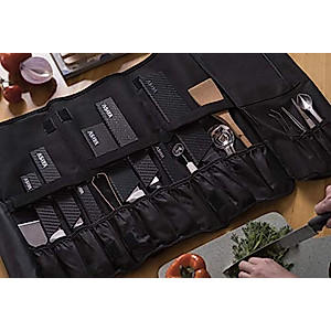 Asaya Chef Knife Roll Bag - 20 Total Pockets for Knives and Kitchen Utensils - Made with Stain Resistant Waxed Nylon - For Chefs and Culinary Students - Knives Not Included(Black)