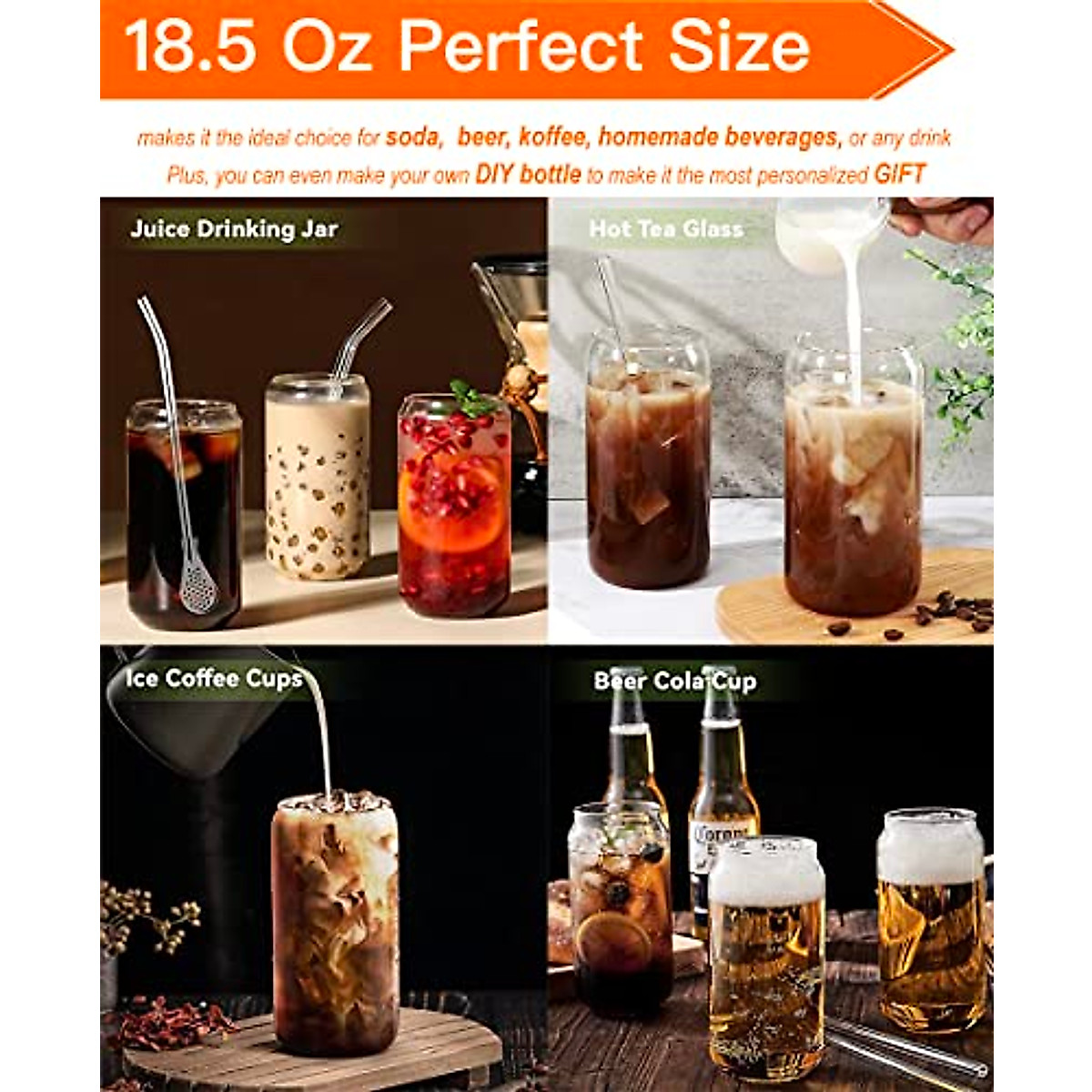 4 Pcs Drinking Glasses with Bamboo Lids(6) and Glass Straws(4) - 18.5 Oz Can Shaped Glass Cups Beer Glasses Ice Coffee Glasses Cute Tumbler Cup Great for Soda Boba Tea Cocktail Include Cleaning Brush