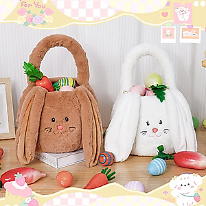 OurHonor Easter Basket Plush, Bunny Easter Basket For Kids, Plush Easter Buckets With Long Ear Easter Bags for Boys Girls, Easter Tote Bags For Decorations Gifts Storage (Brown)