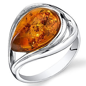 PEORA Genuine Baltic Amber Teardrop Statement Ring for Women in Sterling Silver, Rich Cognac Color, Open Halo Swirl Design, Comfort Fit, Size 8
