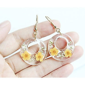 SIEASY Pressed flower Earrings, real Dried Flowers Pendant Earrings Orange Floret Gold earrings