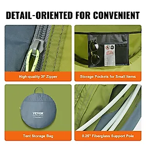 VEVOR Camping Tent, 9.2 x 6.6 x 4.3 ft Pop Up Tent for 4 Person, Easy Setup Waterproof Backpacking Tent, with Door and Window, for Outdoor Family Camping, Hiking, Hunting, Mountaineering Travel
