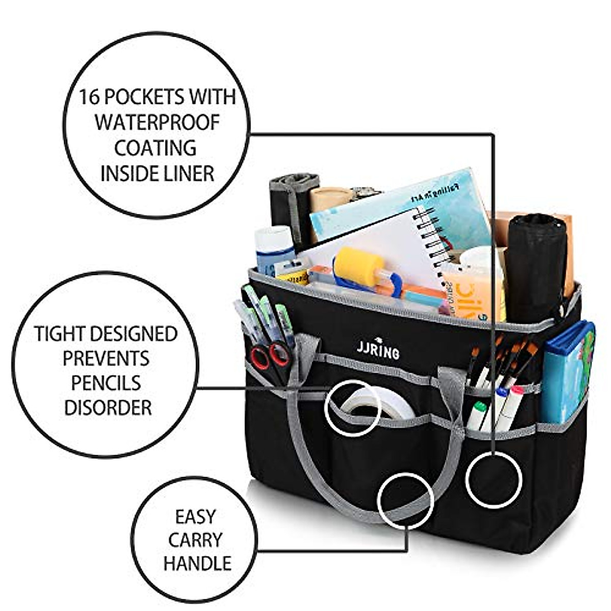 Large Multi-Functional Carrying Bag, 600D Nylon Artist Tote Bag with 16 Pockets Caddy for Art, Craft, Sewing, Make-up or School, Medical, Office Supplies Organizer, Silver