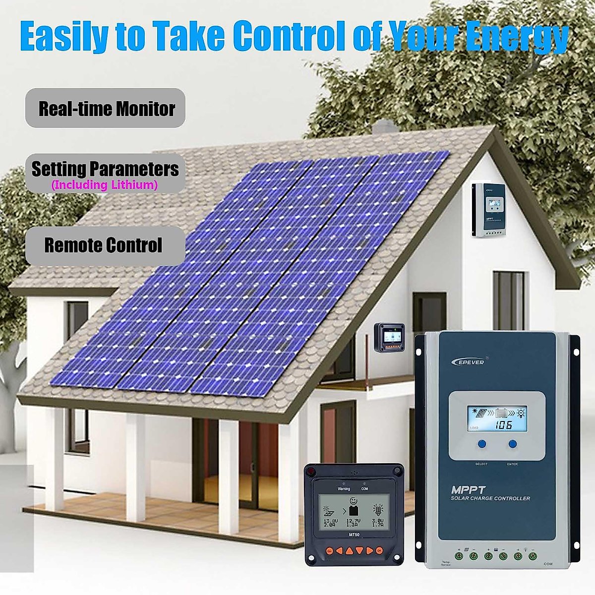 EPEVER 40A MPPT Solar Charge Controller with Tempreture Sensor MT50 Remote Meter 12V 24V Auto Indentify Apply for Lead Acid Lithium LiFePO4 (Tracer4210AN+MT50+Tempreture Sensor)
