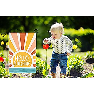 Jartinle Hello Sunshine Garden Flag, Rainbow Sun Summer Yard Flag Double Sided Vertical Burlap Outdoor Decor 12.5 x18 Inch