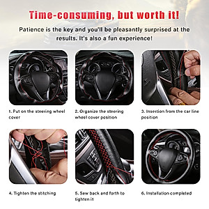 Augeny Genuine Leather Steering Wheel Cover, Breathable Anti-Slip Car Steering Wheel Protector Stitch on Wrap for Max Diameter 15 Inch, DIY Sewing with Needle Thread (Full Hole, Red)