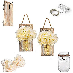Emuardoe Mason Jar Wall Decor Rustic Wall Sconces Decorative 2 Packs LED Fairy Lights and Flowers Farmhouse Home Decor 6 Hours (Three meters, Khaki planks)