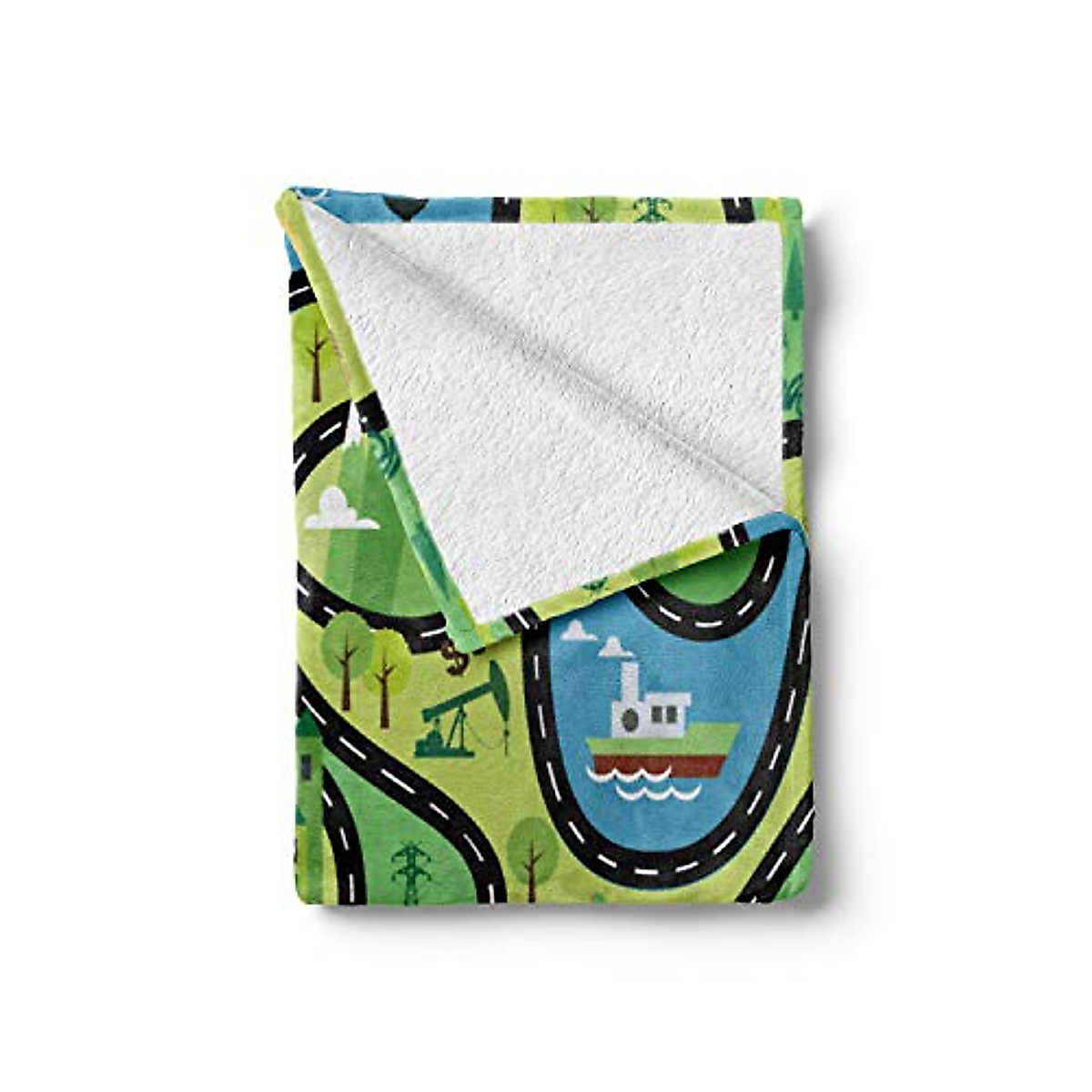 Ambesonne Cartoon Throw Blanket, Aerial View of Coastal Suburbs with Roads Style Hot Air Balloon Windmill, Flannel Fleece Accent Piece Soft Couch Cover for Adults, 50" x 70", Multicolor