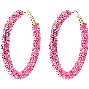 Bohemian Rhinestone Shiny Glitter Sequins Round Hoop Earrings Multicolor Wrapped Gold Plated Circle Beaded Dangle Drop Earrings for Women Statement Jewelry -pink