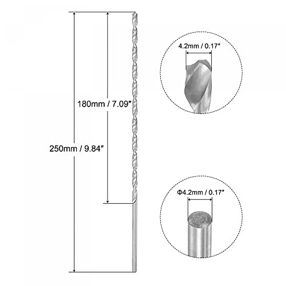uxcell 6542 High Speed Steel Straight Shank Twist Extra Long Drill Bit, Uncoated 4.2mm Drill Diameter 250mm Length