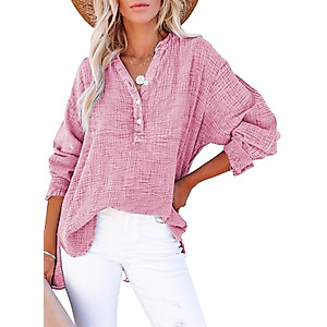 Dokotoo Womens Fashion Fall Clothes Button V Neck Long Sleeve Shirts Cotton Office Workout Pullover Blouses Tops Resort Wear for Women Tops Dressy Casual Small Pink