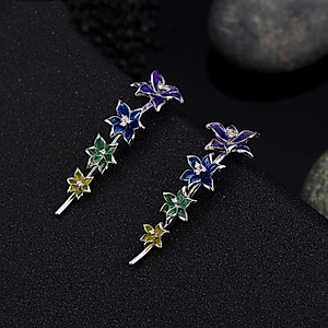 Santuzza Enamel Colorful Flower Ear Cuffs Climber Earrings 925 Sterling Silver Orchid Ear Crawler Earrings for Women