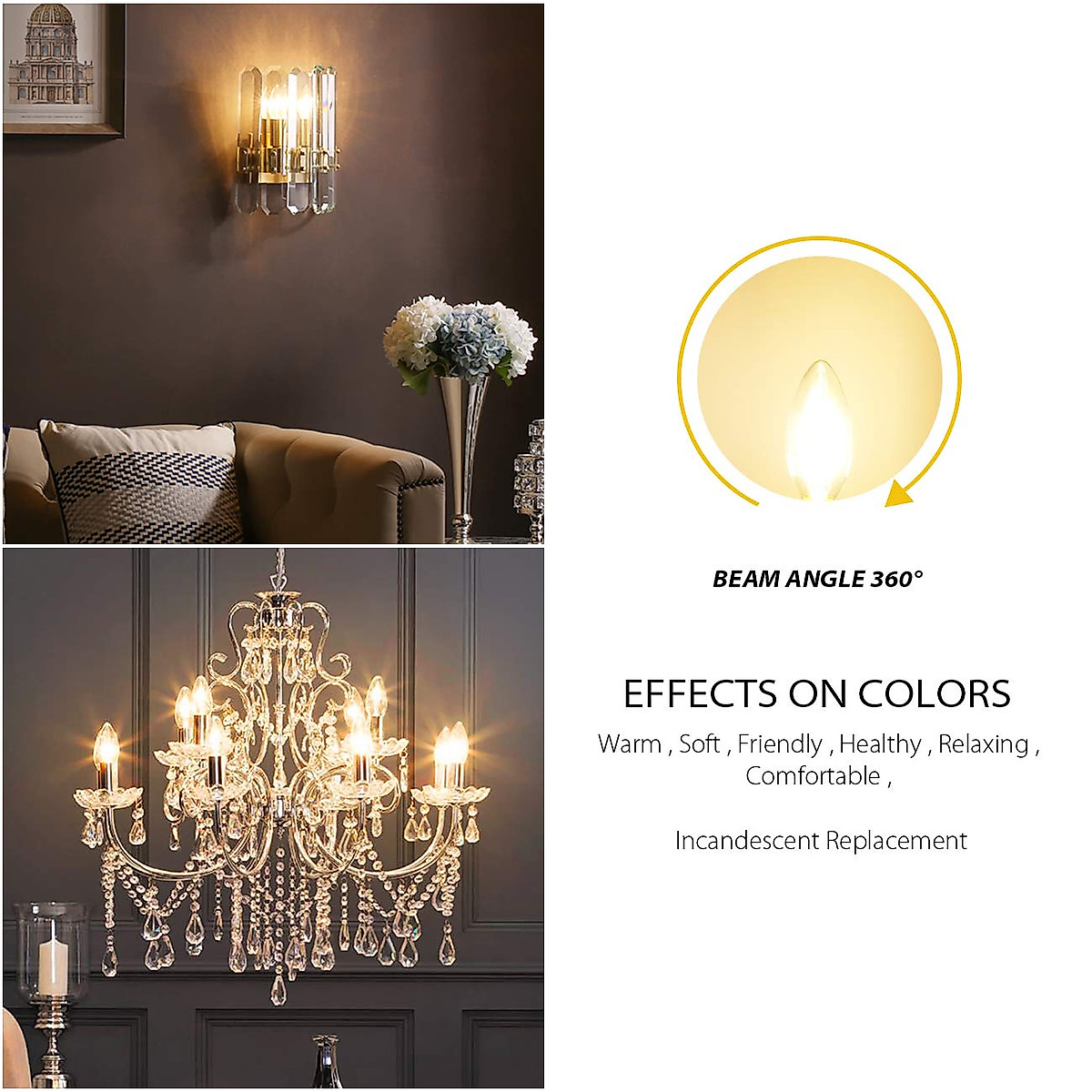 LVWIT B11 LED Edison Filament Bulb Non-Dimmable 5.5W(60 Watt Equivalent), E12 Candelabra Base 2700K Warm White Candle Light Bulb, UL-Listed (6 Pack)