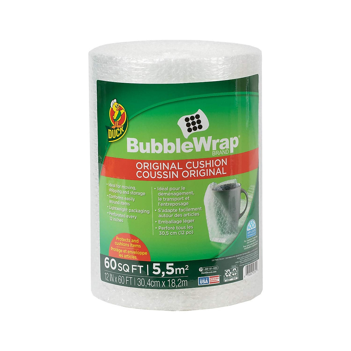 Duck Brand Bubble Wrap Roll, Original Bubble Cushioning, 12" x 60', Perforated Every 12" (287007)