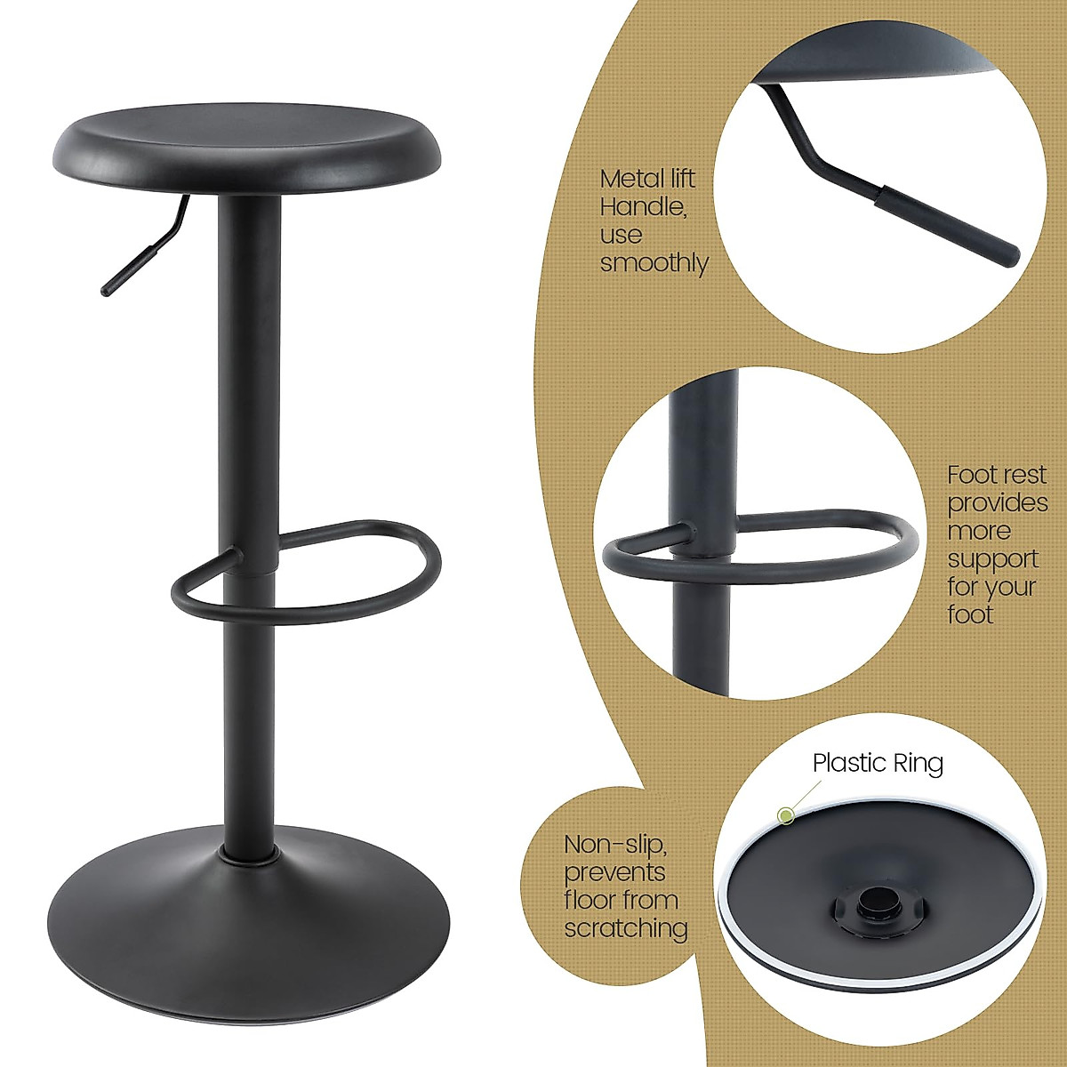 Brage Living Adjustable Bar Stool, Swivel Round Metal Airlift Barstool, Backless Counter Height Bar Chair for Kitchen Dining Room Pub Cafe, 1 pc (Black)