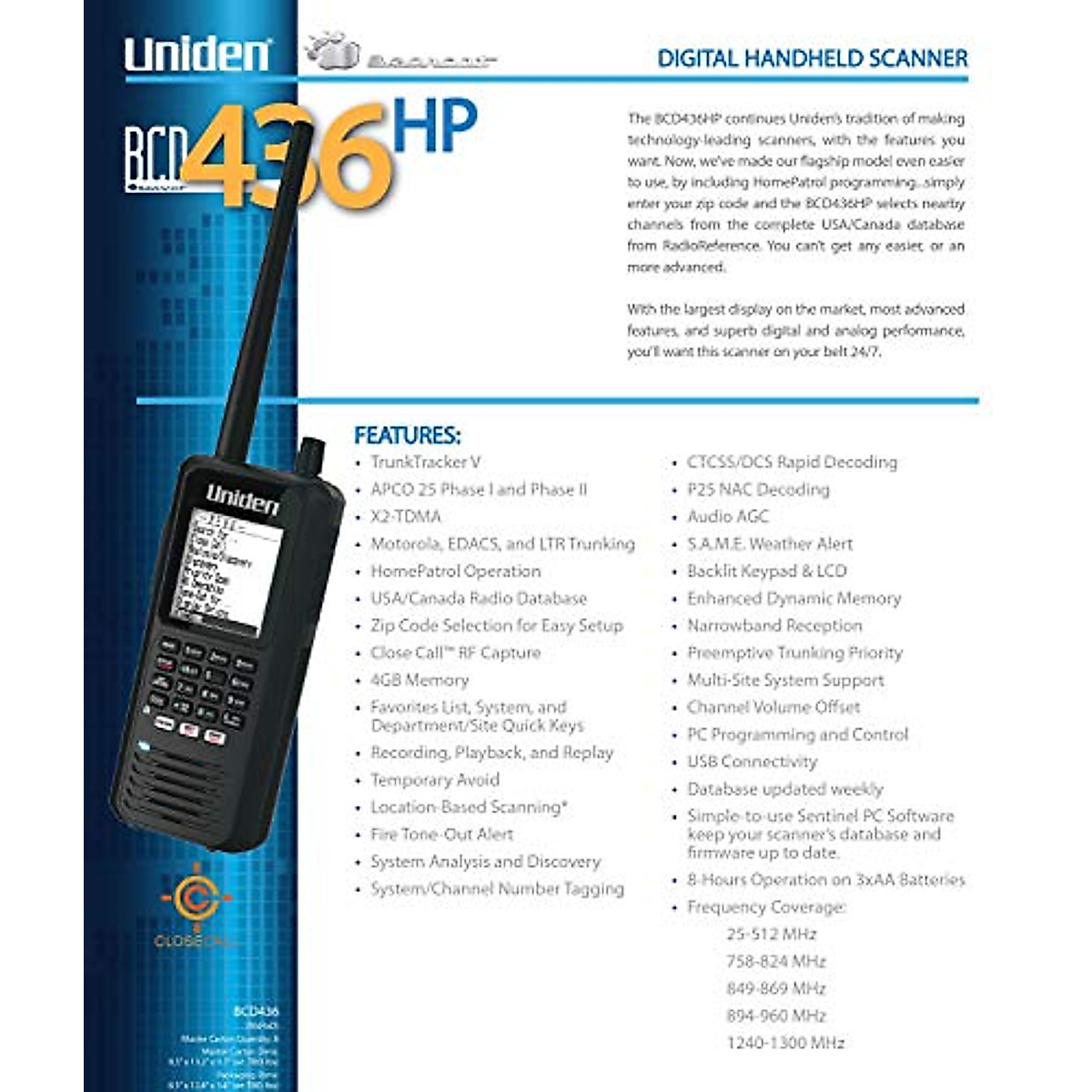 Uniden BCD436HP HomePatrol Series Digital Handheld Scanner. TrunkTracker V, Simple Programming, S.A.M.E. Emergency/Weather Alert, Covers USA and Canada