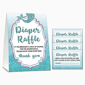 Gihyan Diaper Raffle Baby Shower Game Set(1 Standing Sign + 50 Guessing Cards), Mermaid Theme Diaper Raffle Tickets for Baby Shower, Under The Sea Baby Shower Party Favor Decor - B15