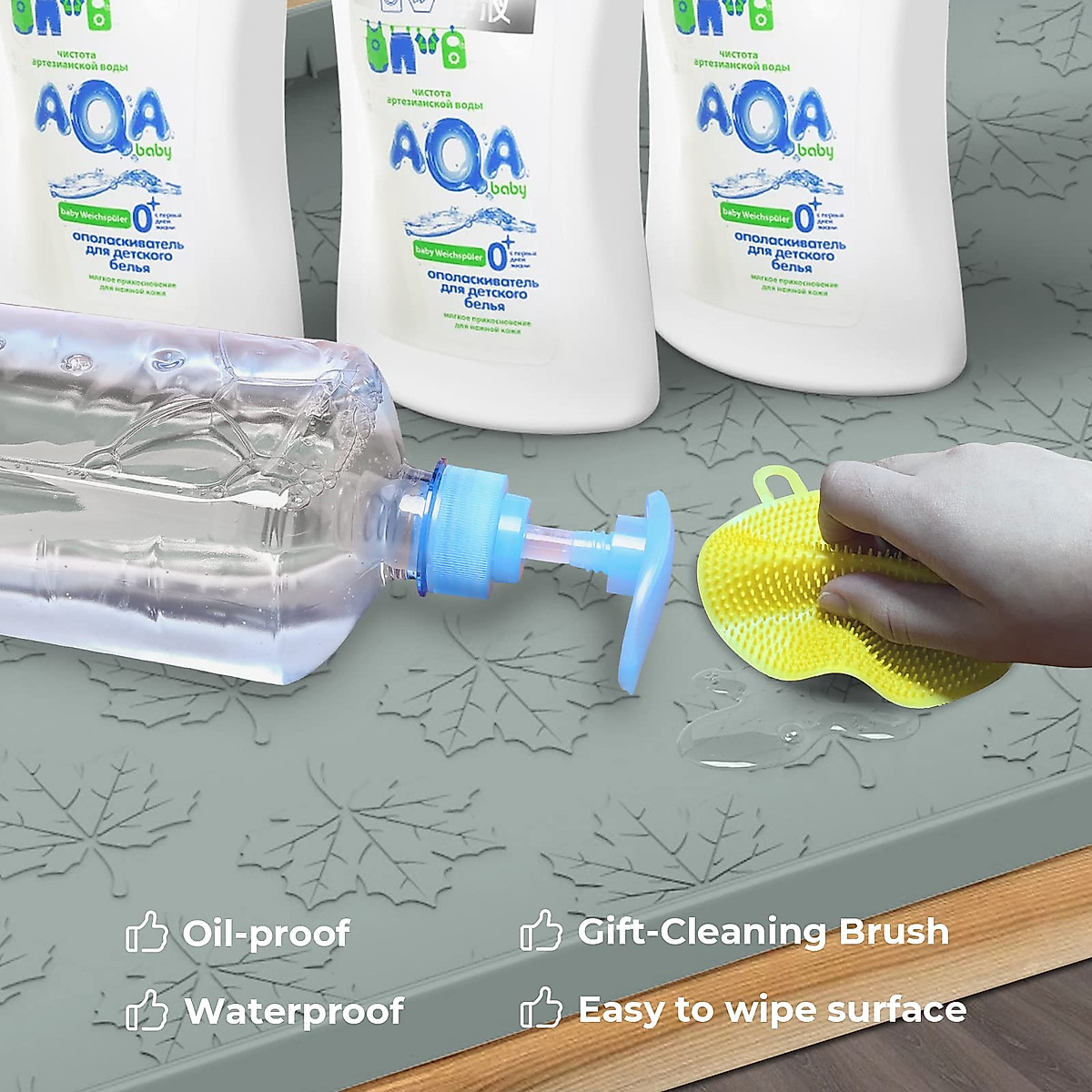 LPYFRG Under Sink Mats for Kitchen Waterproof, 34" X 22" Under Sink Liner, Under Sink Tray with Clean Brush, Kitchen and Bathroom Cabinet Flexible Silicone Sink Mat for Drips Leaks Spills (Grey)