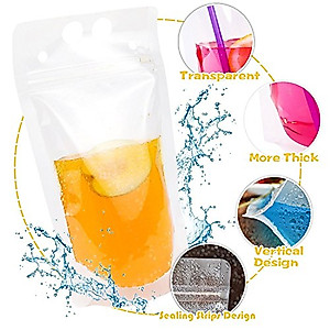 BESOKUSE Drink Pouches for Adults,Drink Pouches with Straws,Stand-Up Juice Pouches Clear Reusable Smoothie Pouch Bag(50PCS)