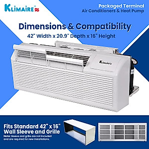 Klimaire PTAC 12,000 BTU Air Conditioner Heat Pump R-32 with Remote Control & 3.5 kW Electric Heater -230V