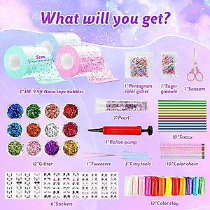 62 Pcs Nano Tape Bubble Kit, Double Sided Elastic Adhesive Tape Bubbles, Handmade DIY Nano Anxiety Relief Stress Balls Toys for Boys Girls, Kids Crafts Party Favors with Glitter Decorative Supplies
