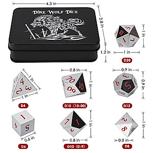 Metal Polyhedral DND Dice Set (7 Game Dice Plus Custom Tin Case) Dire Wolf Dice Gift Set for Role Playing RPG Like Dungeons and Dragons D&D, Pathfinder, Magic The Gathering MTG Games… (Silver & Red)…