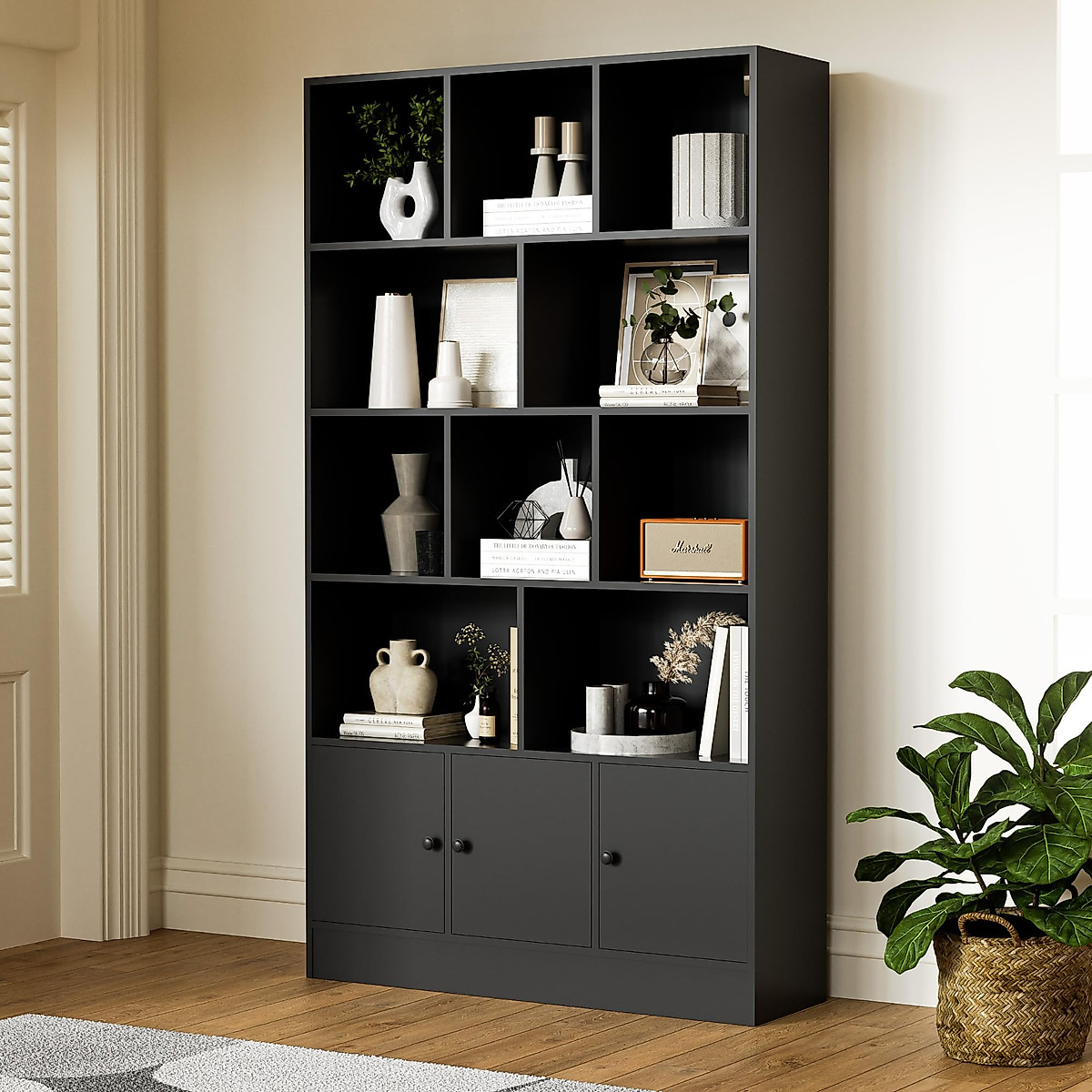 Anystyle Black 13 Cube Bookshelf, 5-Tier Bookcase Storage Cabinet with 3 Doors for Bedroom, Living Room