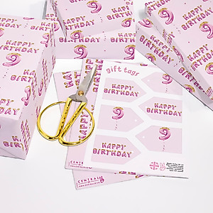 CENTRAL 23 Happy Birthday Wrapping Paper - 9 Year Old - 6 Sheets Pink Wrapping Paper - Girls Birthday Wrapping Paper - Comes With Stickers - Recyclable
