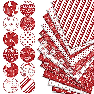 Whaline 12Pcs Christmas Cotton Fabric Bundles White Red Xmas Tree Snowflake Reindeer Printed Fat Quarters Holiday Sewing Fabrics for DIY Handmade Crafting, 18 x 22 Inch