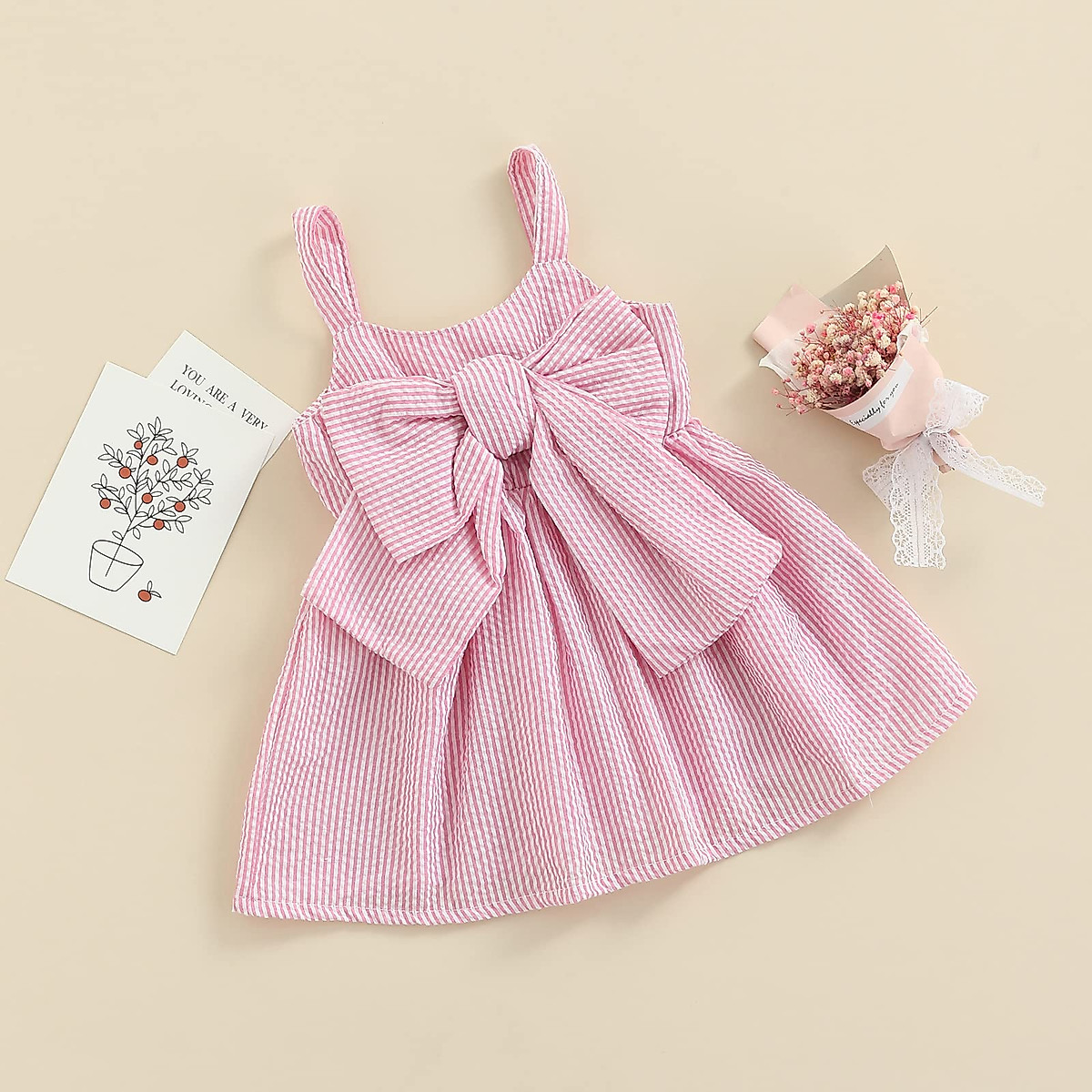 Toddler Baby Girls Sleeveless Dress Front Bowknot Stripe Sling Summer Jumpsuit Princess Casual Romper (Pink, 9-12 Months)