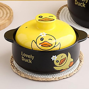 Korean Premium Duck Cartoon Ceramic Yellow Casserole Clay Pot with Lid, Perfect for Cooking Hot Pot, Dolsot Bibimbap, and Soup (2-Quarts)