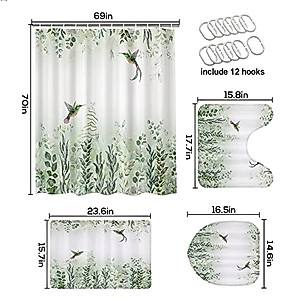 4 Pcs Shower Curtain Sets with Rugs Sage Green Leaves Eucalyptus Hummingbird Bird White Green Leaf Botanical Plant Floral Durable Shower Curtain Sets with 12 Hooks Shower Curtain for Bathroom Set