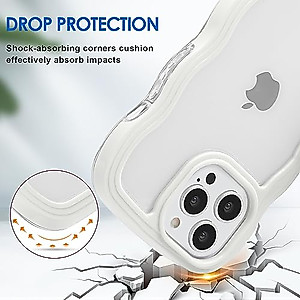 Anuck for iPhone 14 Pro Case Wavy Edge Clear Back Design, Anti-Slip Grip Cute Wave Curly Frame Shape Shockproof Soft TPU & Hard Bumper Protective Phone Case Cover for Women Girls, White